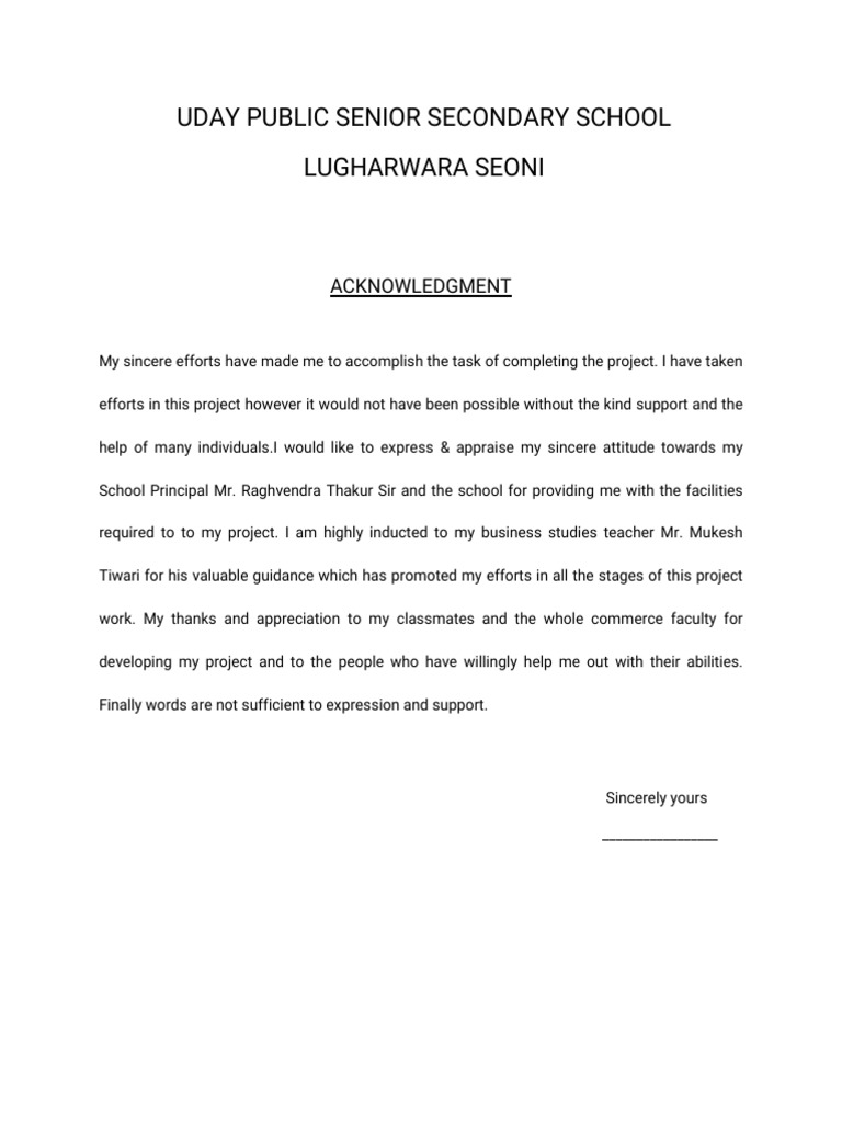 Acknowledgment for School Project Completion | PDF