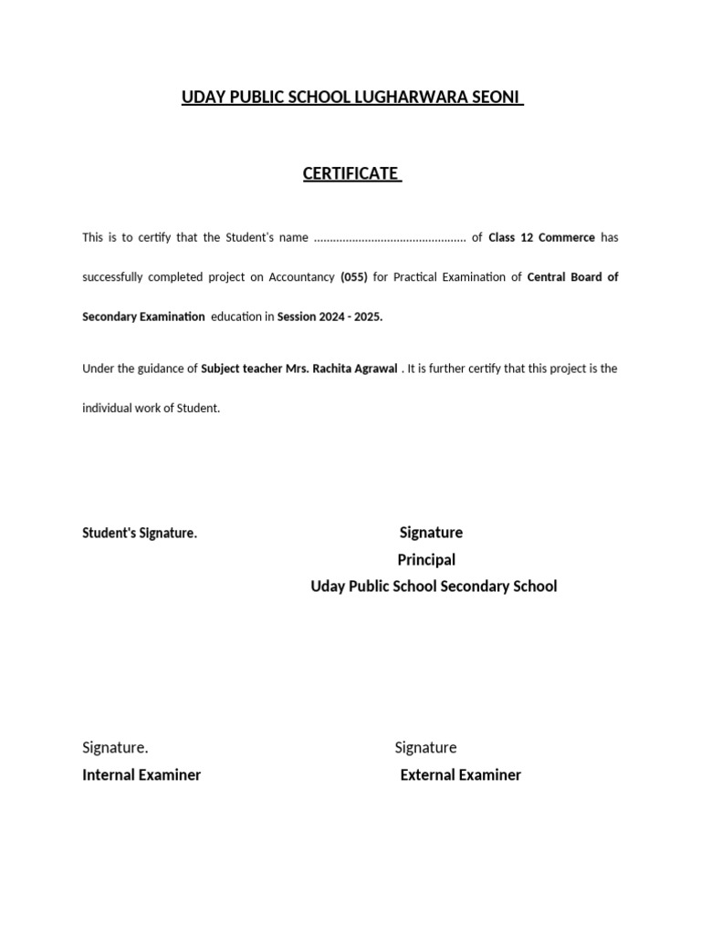 Class 12 Accountancy Project Certificate | PDF