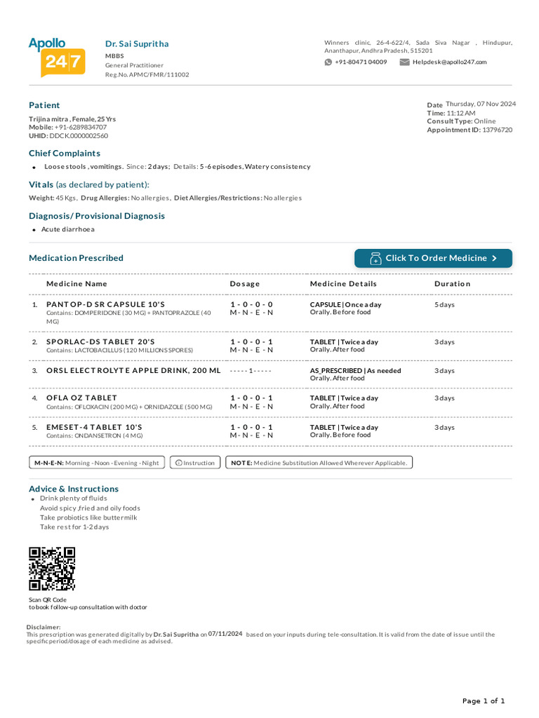 Apollo Hospital Prescription for Diarrhea | PDF | Medical Treatments ...
