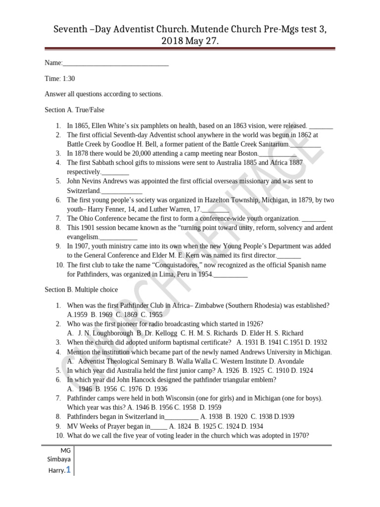 Church heritage test 3 | PDF | Seventh Day Adventist Church ...