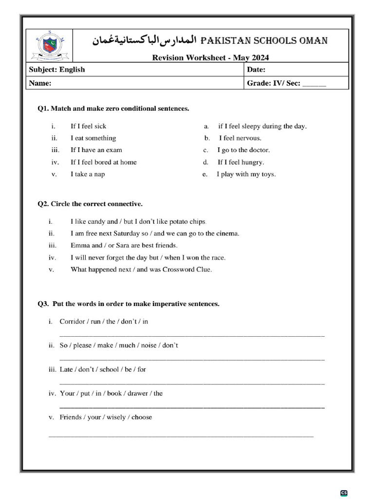 English Grade 4 - Revision Worksheet 1 (May, 2024) | PDF
