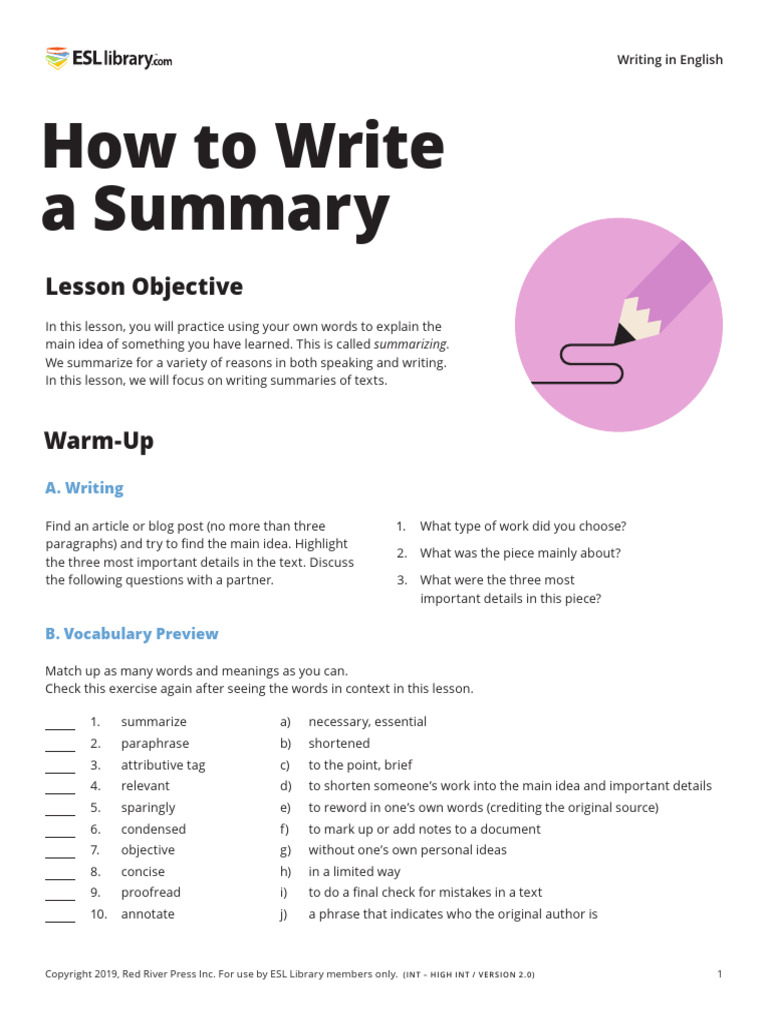 How To Write A Summary - Writing in English - ESL Library | PDF ...