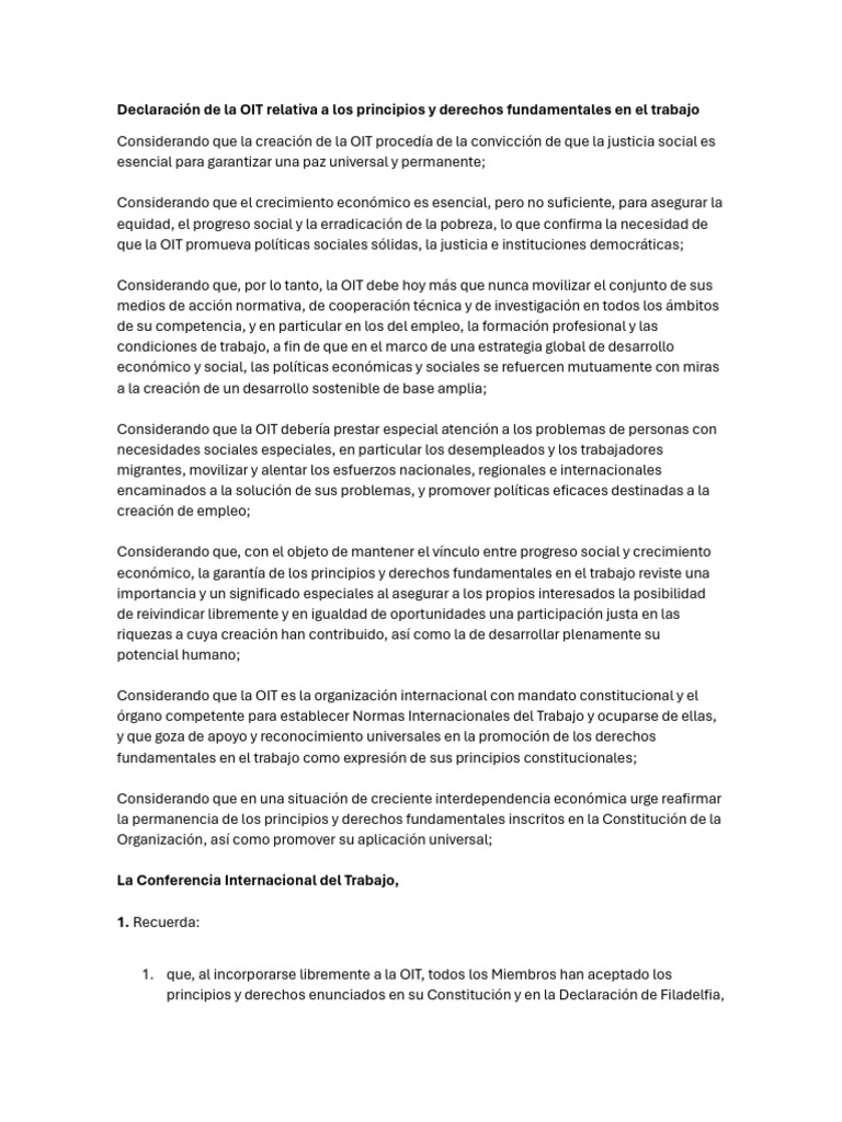 Declaración de La OIT Relativa A Los Principios y Derechos Fundamentales en El Trabajo | PDF ...