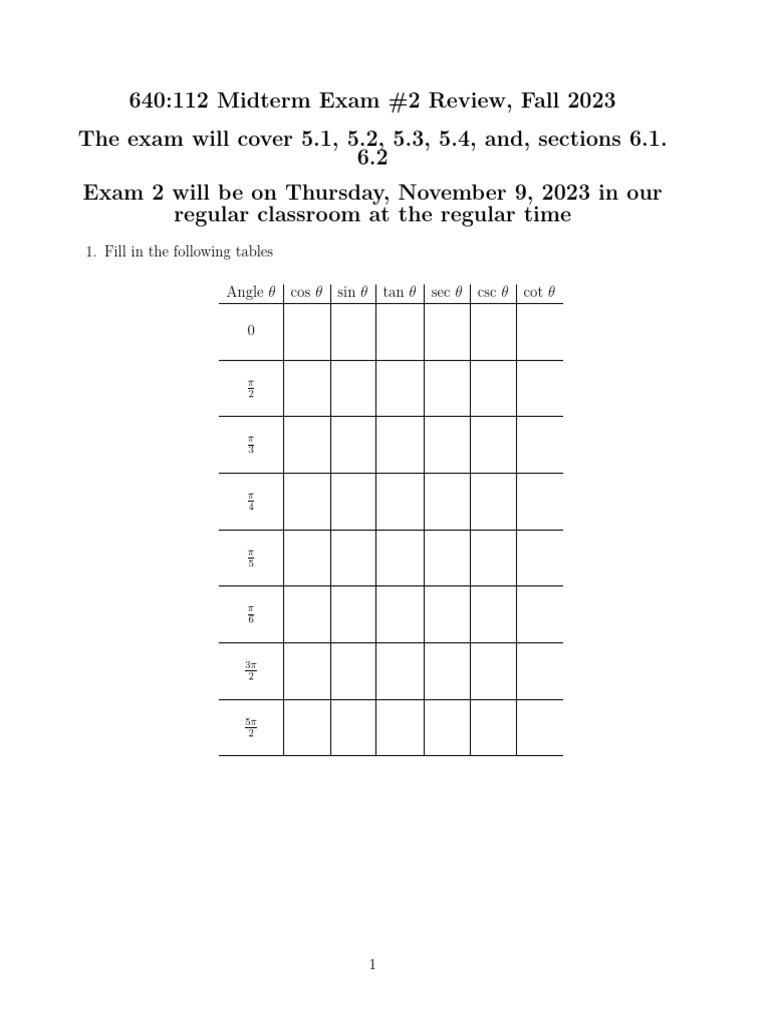 Exam2 Review 112 Fall 2023 102523 | PDF | Angle | Trigonometric Functions