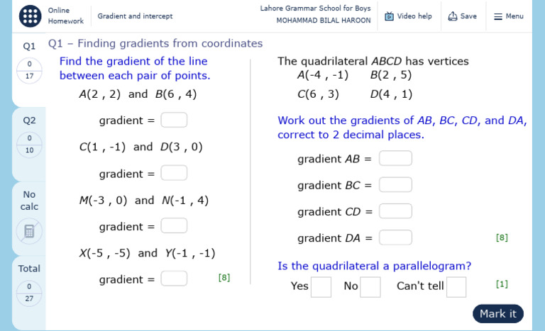 MyiMaths Homework - Gradient and Intercept | PDF