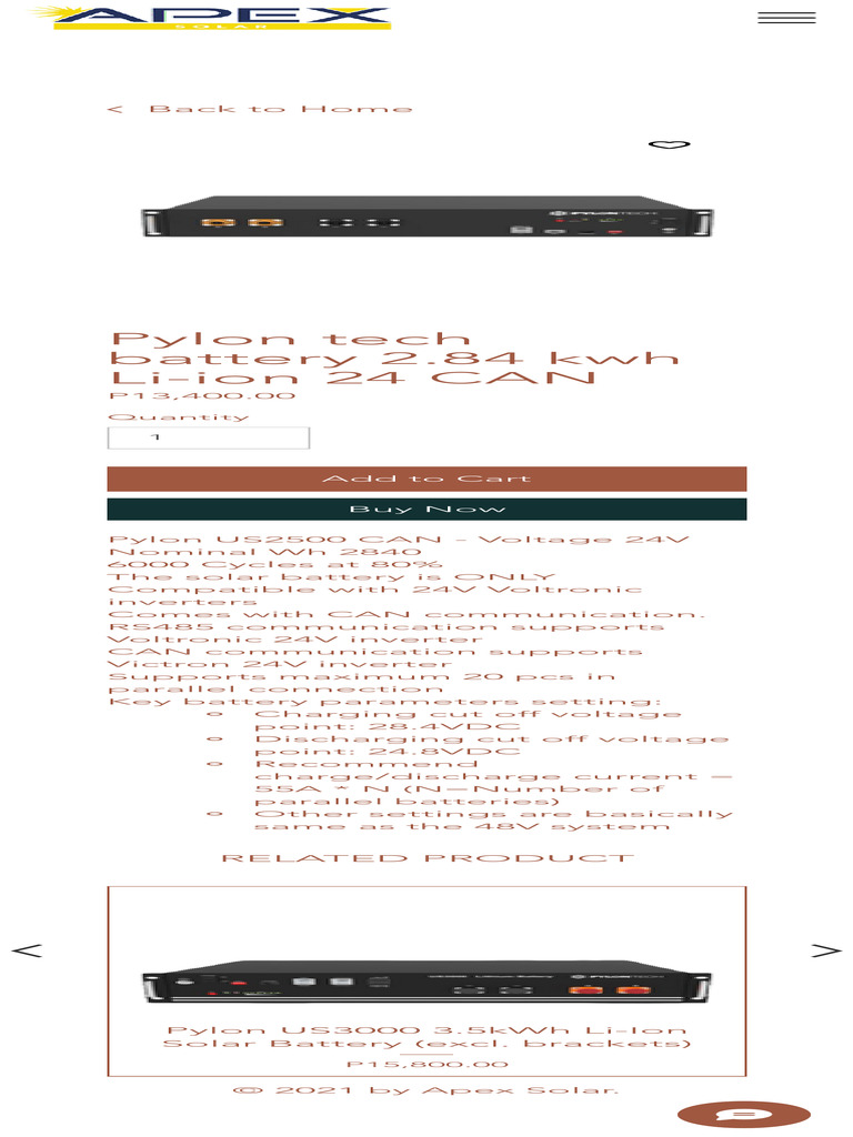Pylon Tech Battery 2.84 KWH Li-Ion 24 CAN Apex | PDF