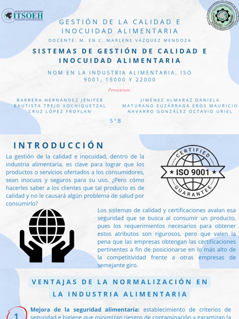 Ventajas, NOM, ISO 9001, 15000, 22000 5°B | PDF | Seguridad alimenticia | Calidad (comercial)