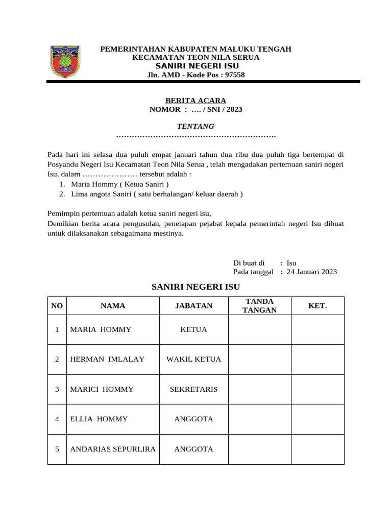 Berita Acara Pertemuan Saniri Negeri Isu | PDF