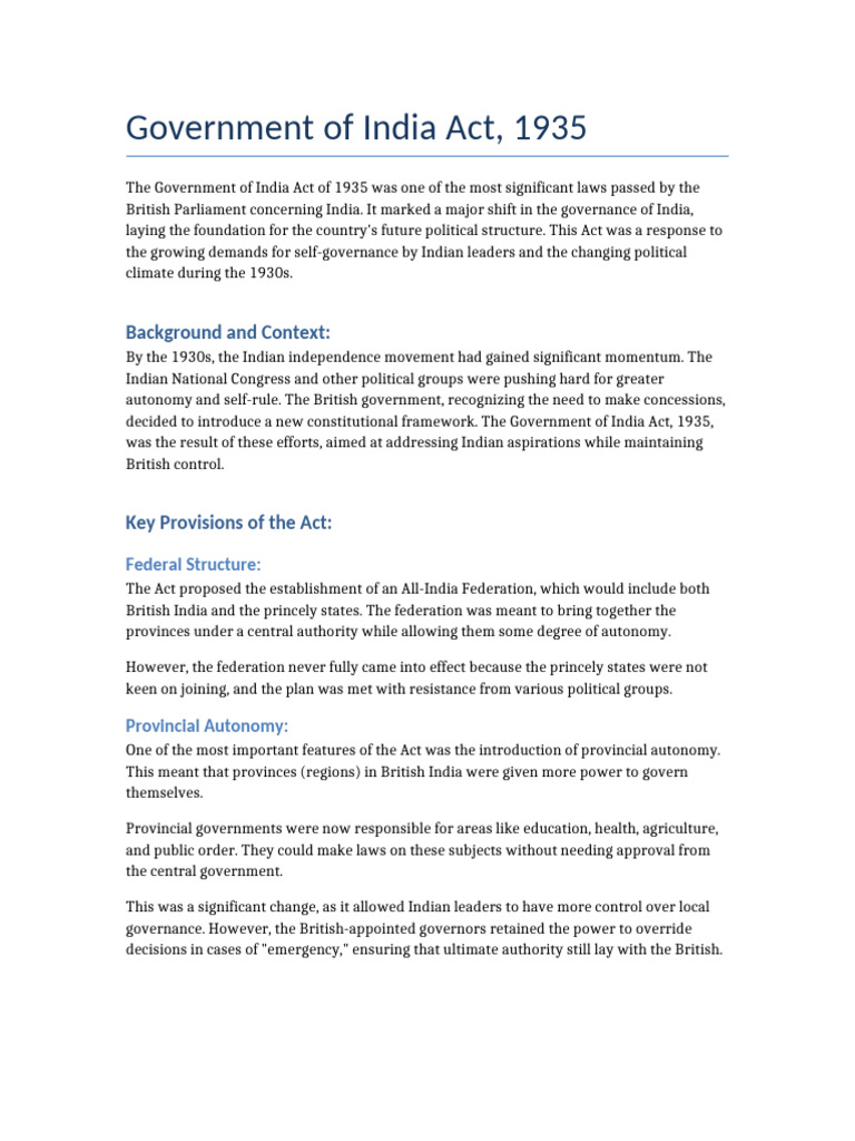 Government of India Act 1935 Overview | PDF | British Raj | Political ...