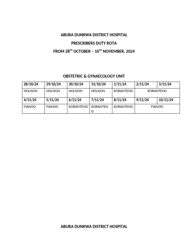 November 2024 Rota For First 2weeks | PDF | Health Economics | Health ...