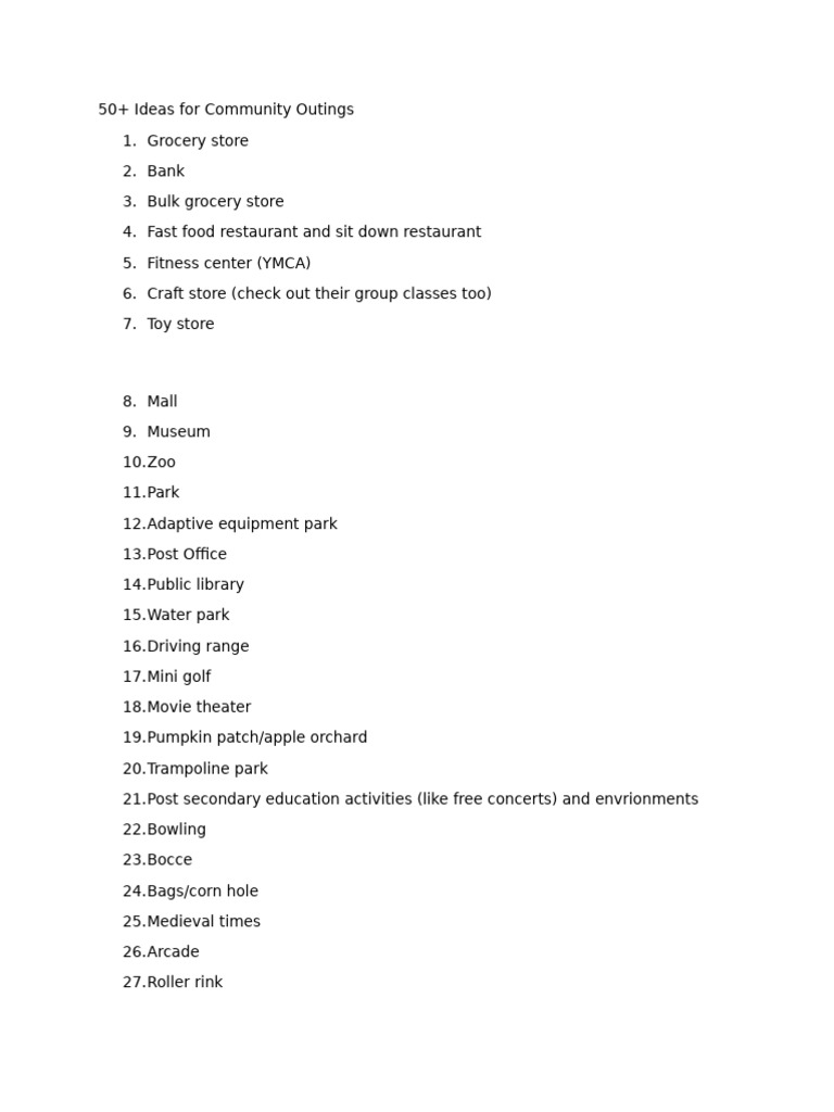 50 Ideas For Community Outings | PDF | Science & Mathematics