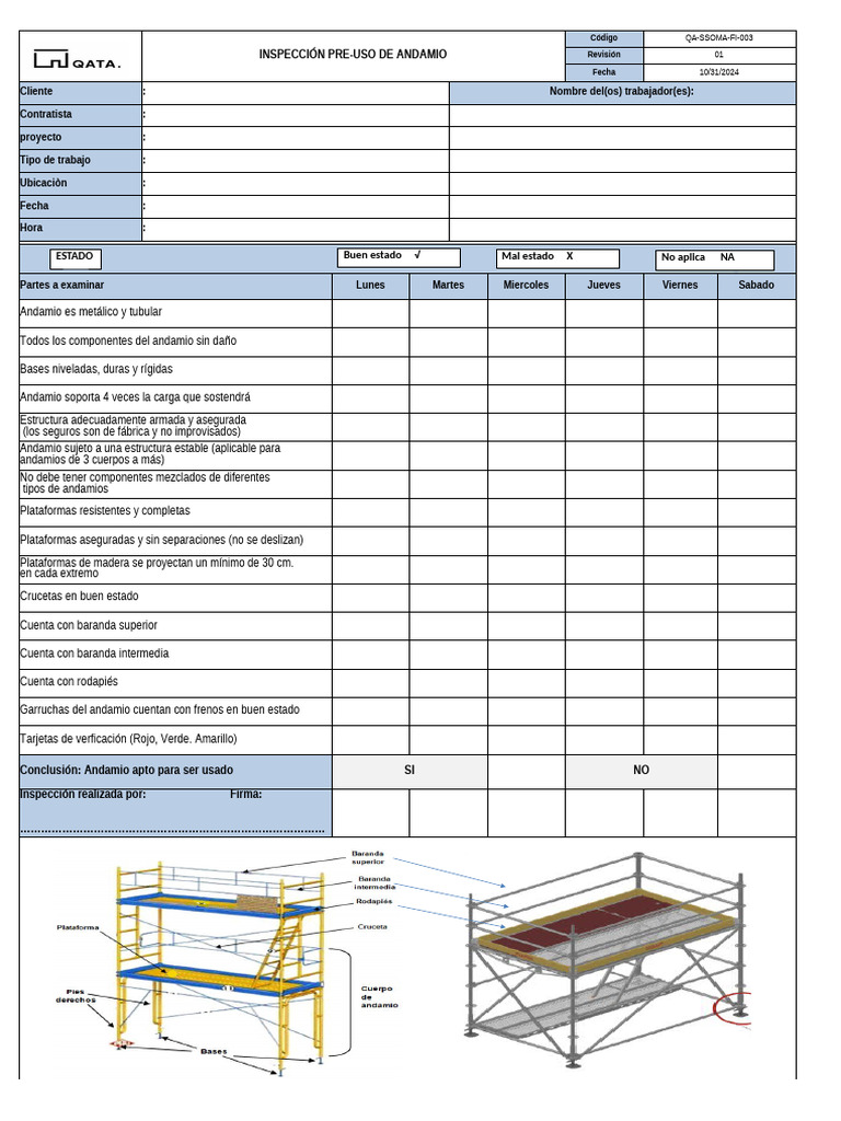 QA-SSOMA-FO-003 Inspección de Pre-Uso de Andamios | PDF
