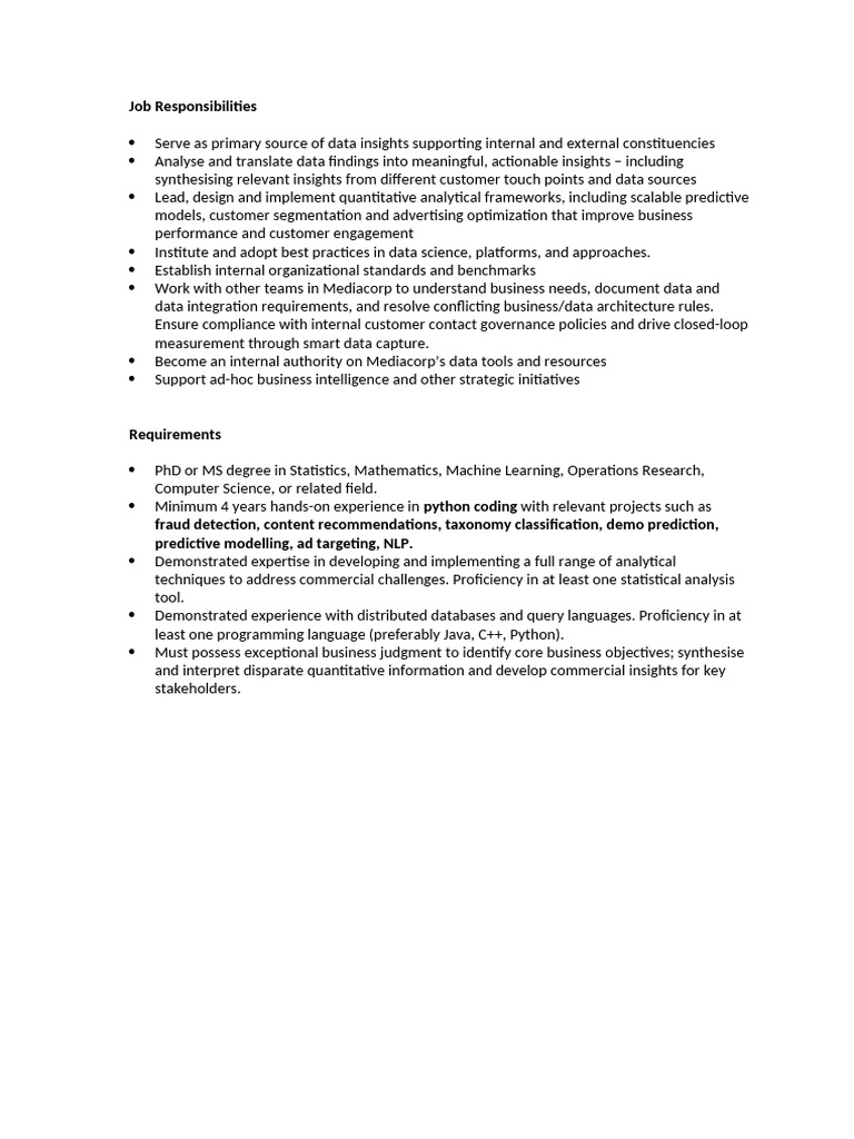 JD - Sr. Data Scientist - Mediacorp - Singapore | PDF | Career & Growth | Computers