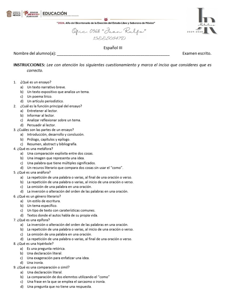 Examen de Español III: Ensayos y Recursos Literarios | PDF | Ensayos ...