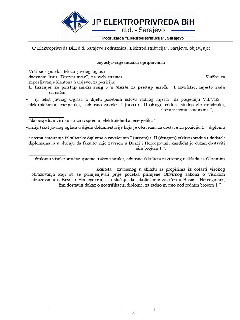 Ispravka Javnog Oglasa - Elektrodistribucija Sarajevo | PDF