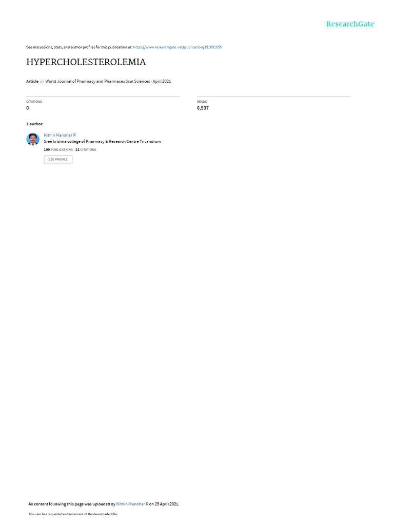 HYPERCHOLESTEROLEMIA | PDF | Cholesterol | High Density Lipoprotein