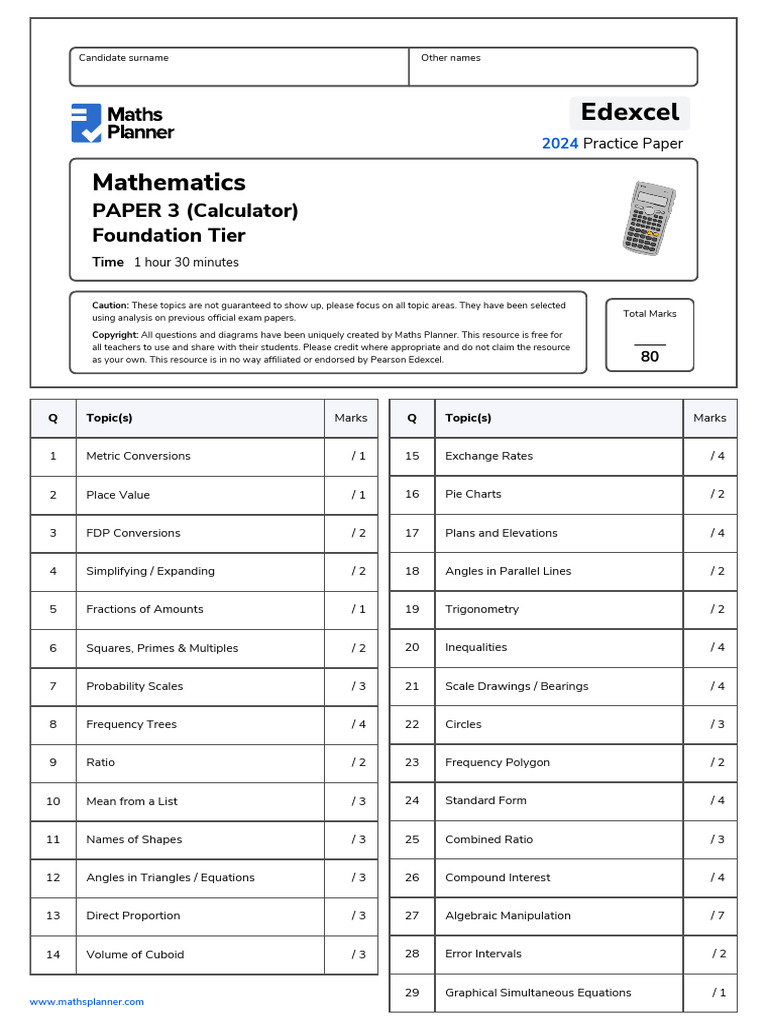 Edexcel 2024 Practice Paper 3 Foundation | PDF | Numbers | Area