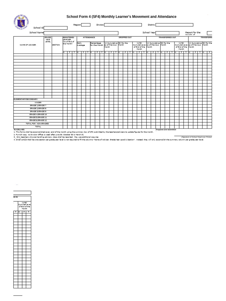 SF4 Monthly Learner S Movement and Attendance | PDF