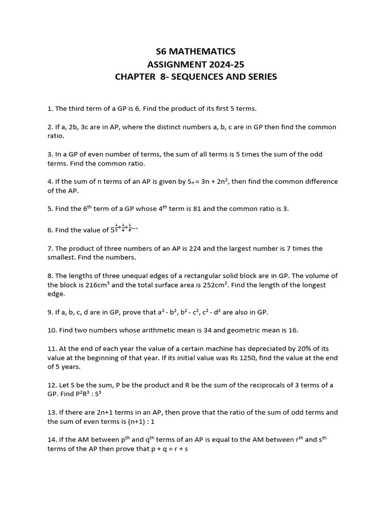 S6 Assignment Sequences and Series | PDF | Mean | Numbers