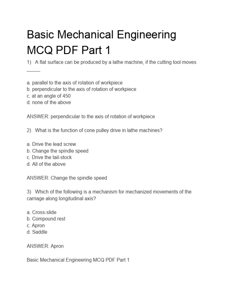 Basic Mechanical Engineering MCQ PDF Part 1 | PDF | Strength Of Materials | Heat Transfer