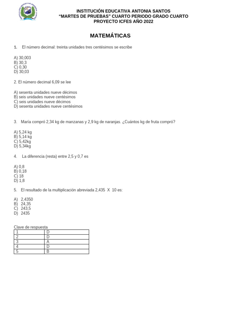Preguntas Cuarto 4P Matema-Esta | PDF