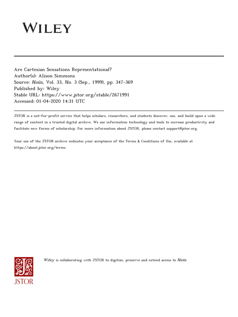 Are Cartesian Sensations Representational?. Alison Simmons | PDF | René ...