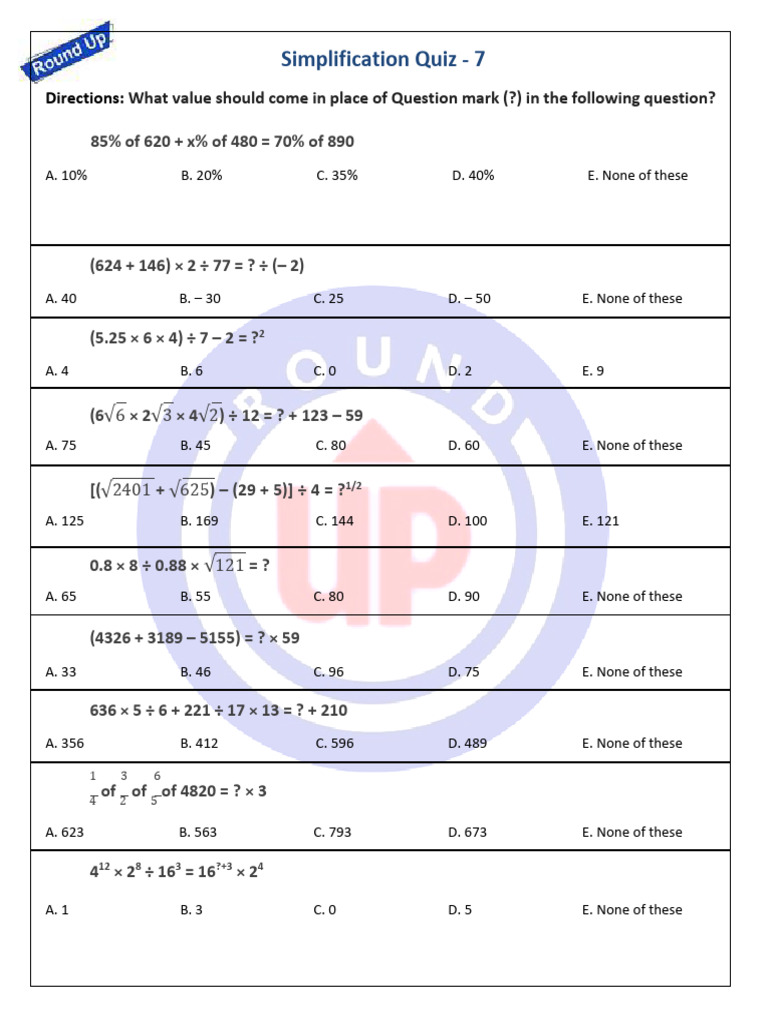 Simplification Quiz 7 | PDF