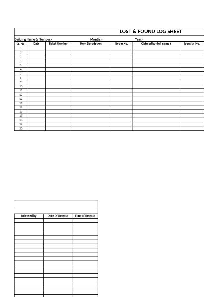 Lost Found Log Sheet Pdf