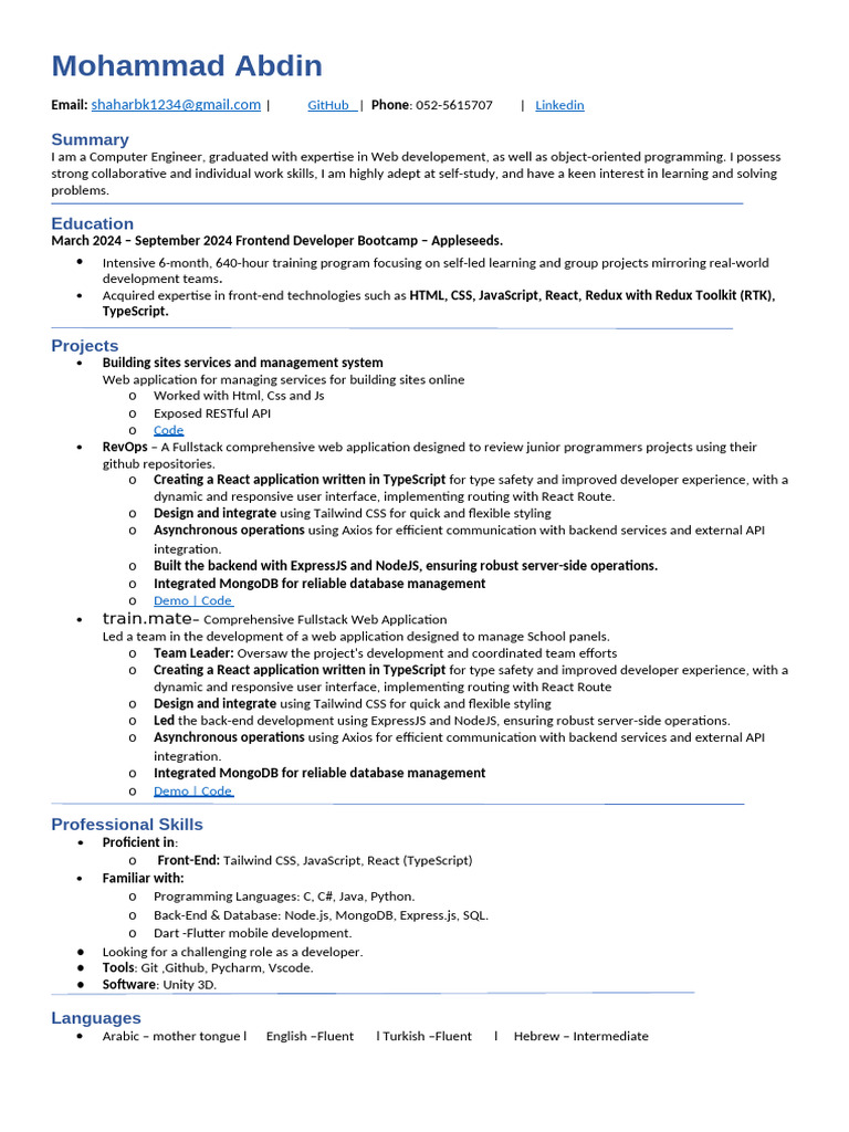 Mohammad Abdin CV | PDF | Computing | Software Engineering
