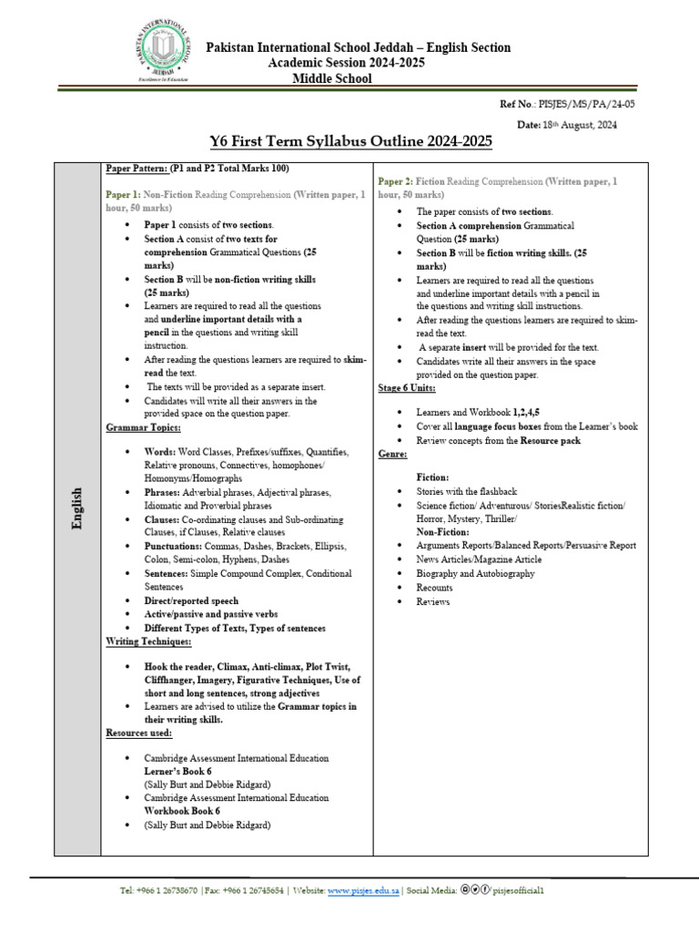 Y6 First Term Syllabus Outline 2024-2025-1 | PDF | Surah | Syntax