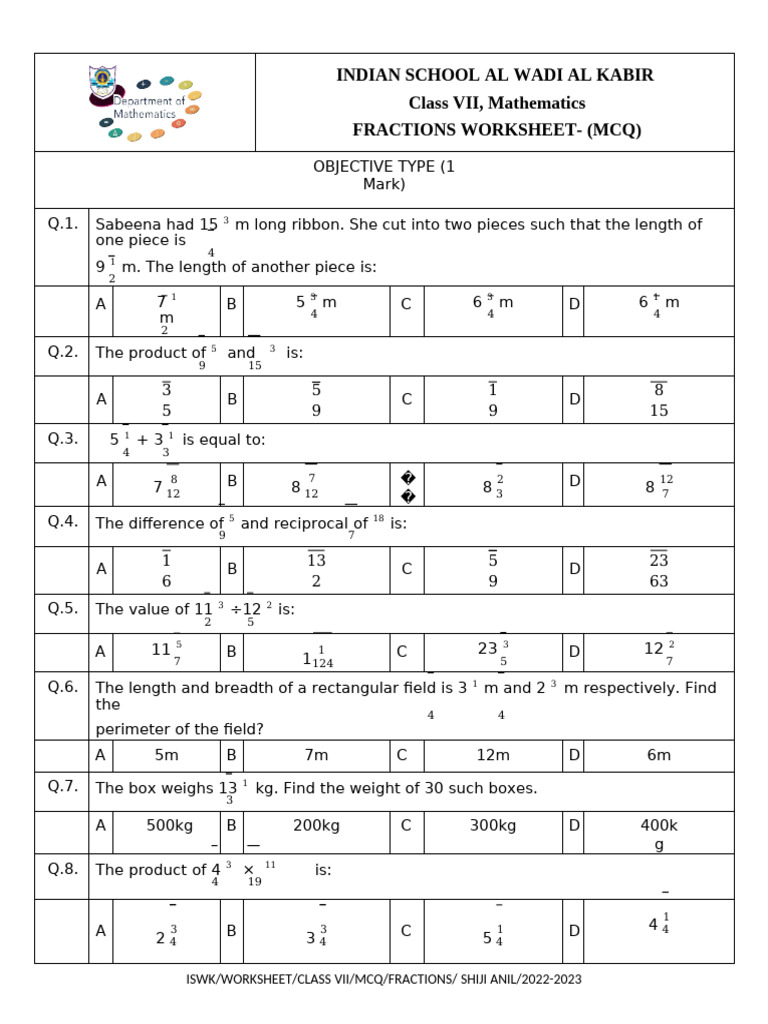 8639054-CL7 - WS1 - FRACTIONS - MCQ - Shiji - 2022 - 23 | PDF ...