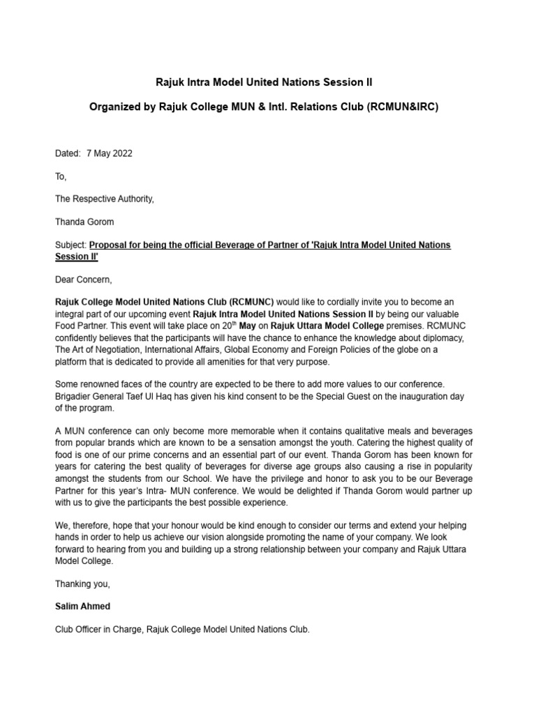 Rajuk MUN Session II Beverage Partnership Proposal | PDF | Finance & Money Management