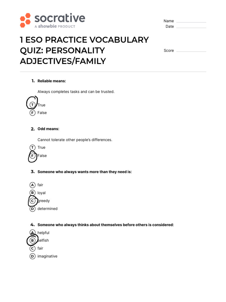 Quiz - 1 Eso Practice Vocabulary Quiz Personality Adjectivesfamily ...