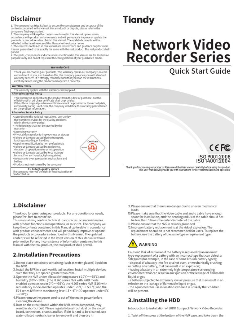 Network Video Recorder Series Quick Start Guide V1.1 | PDF | Hard Disk Drive