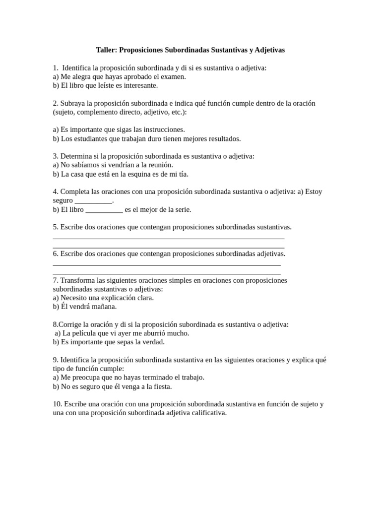 Taller Proposiciones Sustantivas y Adjetivas | PDF