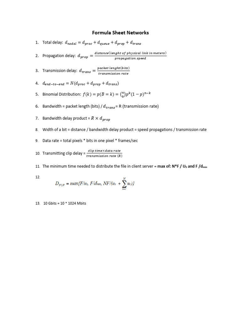 Formula Sheet Networks | PDF | Technology & Engineering