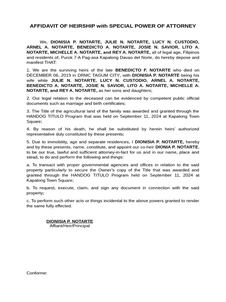 Affidavit of Heirship and SPA | PDF | Power Of Attorney | Evidence