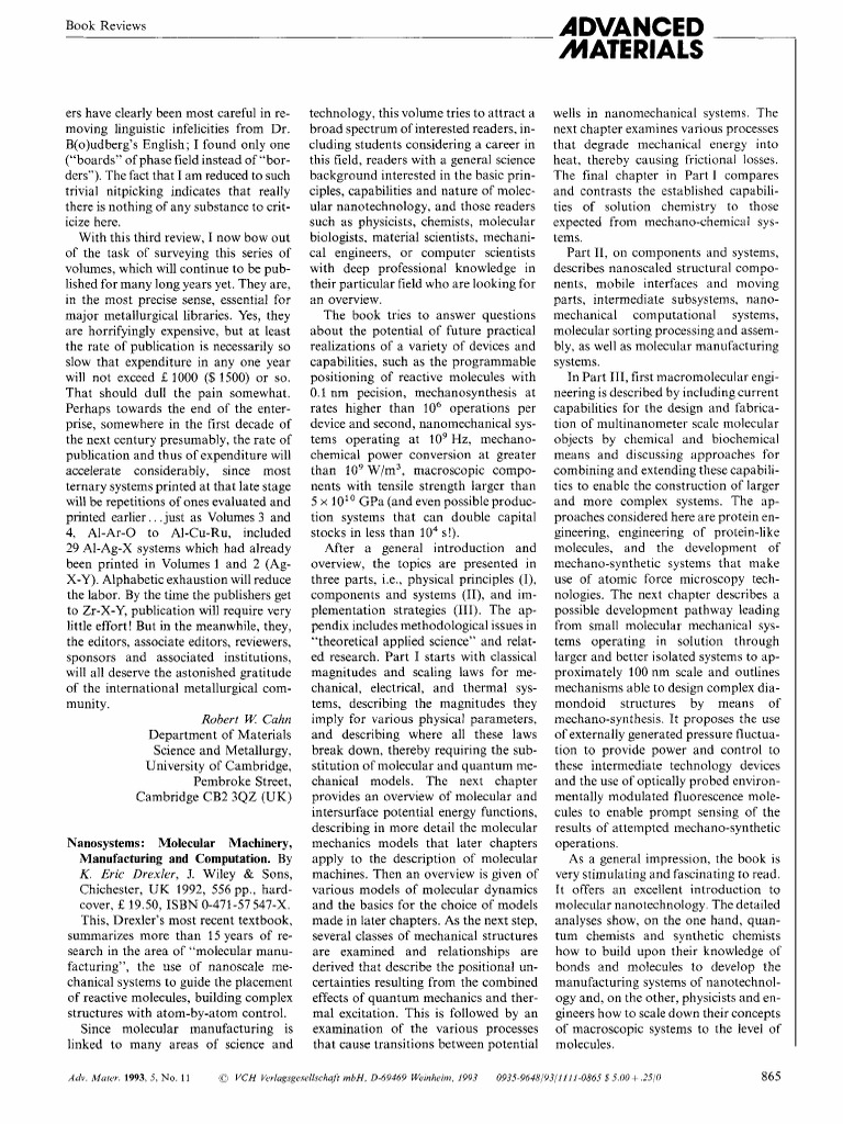 Nanosystems Molecular Machinery Manufact | PDF | Nanotechnology | Molecules