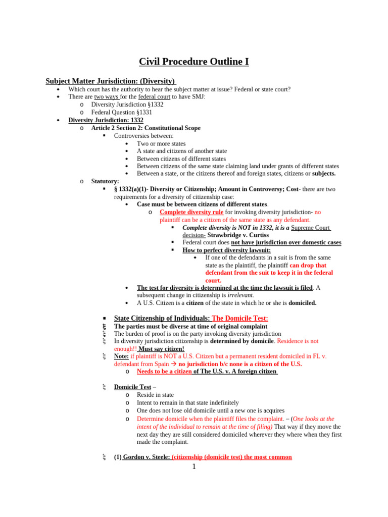 Civil Procedure: Diversity Jurisdiction Guide | PDF | Diversity ...