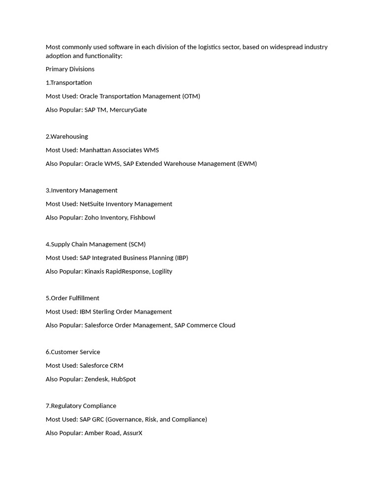 Most Commonly Used Software in Each Division of The Logistics Sector ...