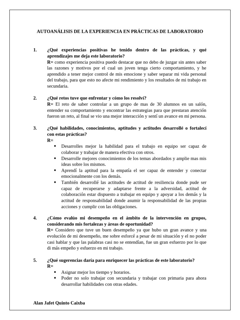 (Alan) AUTOANÁLISIS DE LA EXPERIENCIA EN PRÁCTICAS DE LABORATORIO | PDF ...