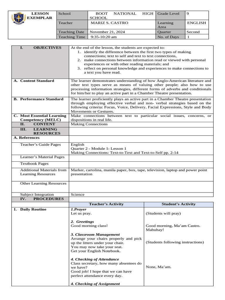 (FINAL DEMO) Making Connections Detailed Lesson Plan | PDF | Learning ...