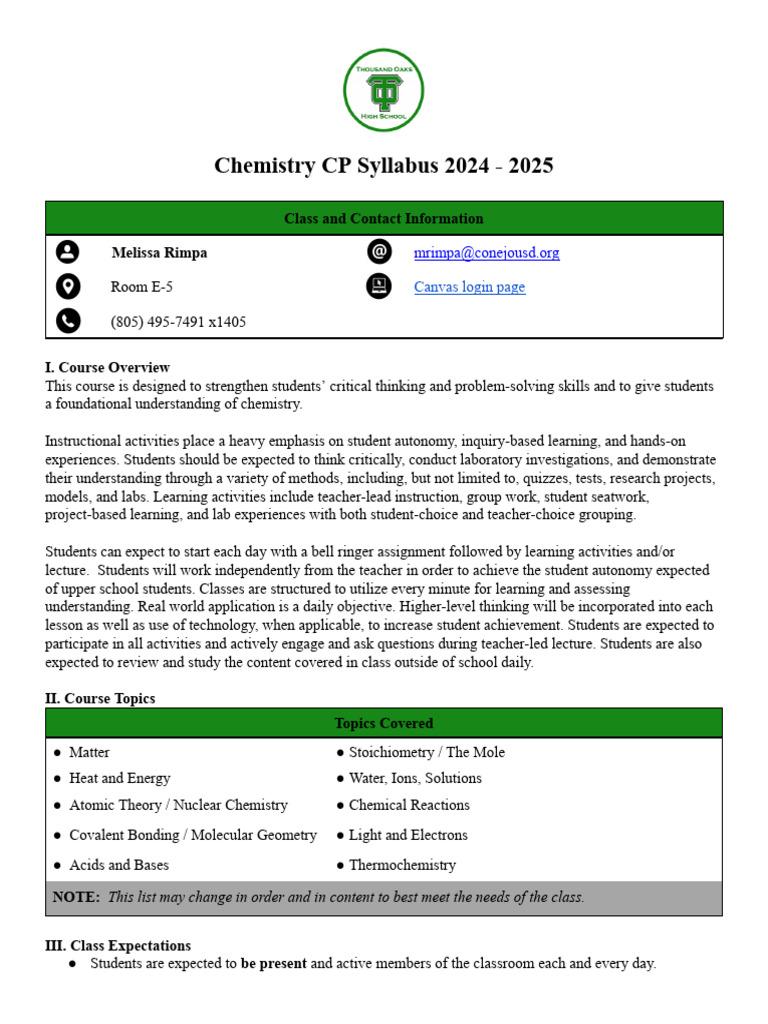 CHEMISTRY Syllabus 24-25 RIMPA | PDF | Chemistry
