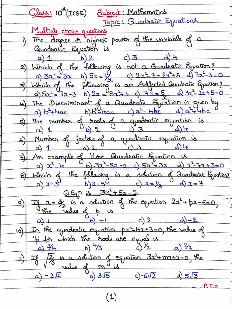 MCQ Worksheet Quadratic Equation | PDF