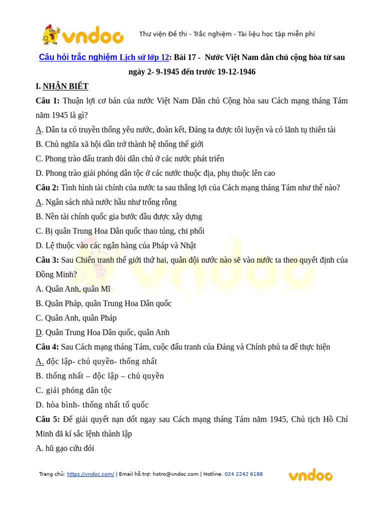 Cau Hoi Trac Nghiem Lich Su Lop 12 Bai 17 | PDF