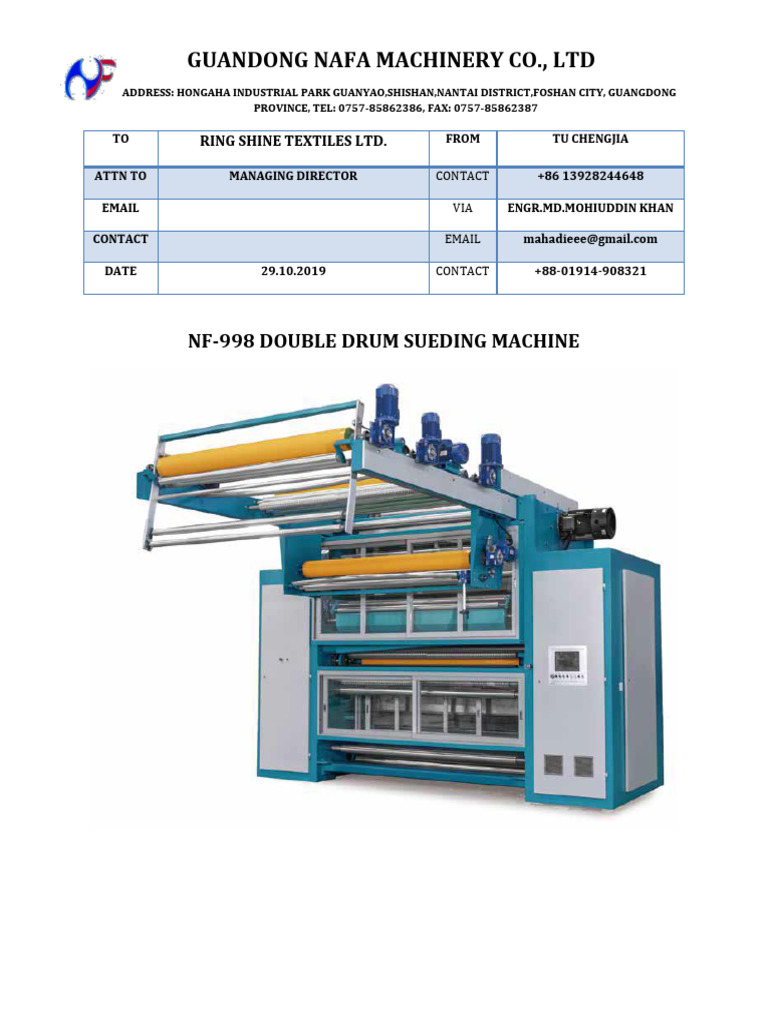 NF998 Double Drum Sueding Machine (Ring Shine Textiles LTD.) 29.10.19 ...