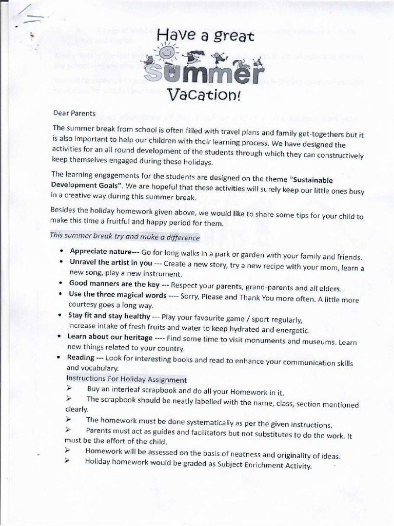 Class 1 Summer Vacation Holiday Homework Half Yearly Syllabus Session ...