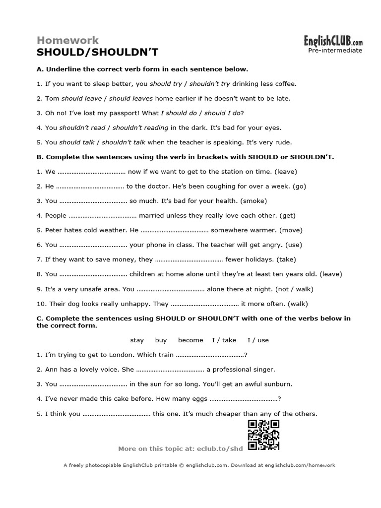 Homework on Should/Shouldn't Usage | PDF | Grammar | Linguistics