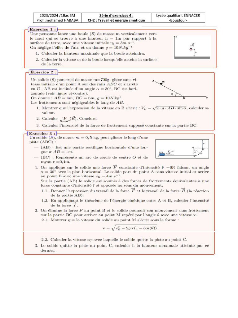 Série D'exercices 2 Travail Et Energie Cnétique | PDF