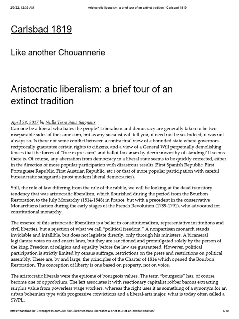Aristocratic Liberalism - A Brief Tour of An Extinct Tradition - Carlsbad 1819 | PDF ...